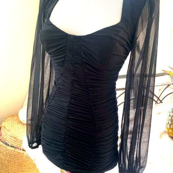 privy | Dresses | Privy Ruched Black Mini Dress W Mesh Long Sleeve Sz M ...